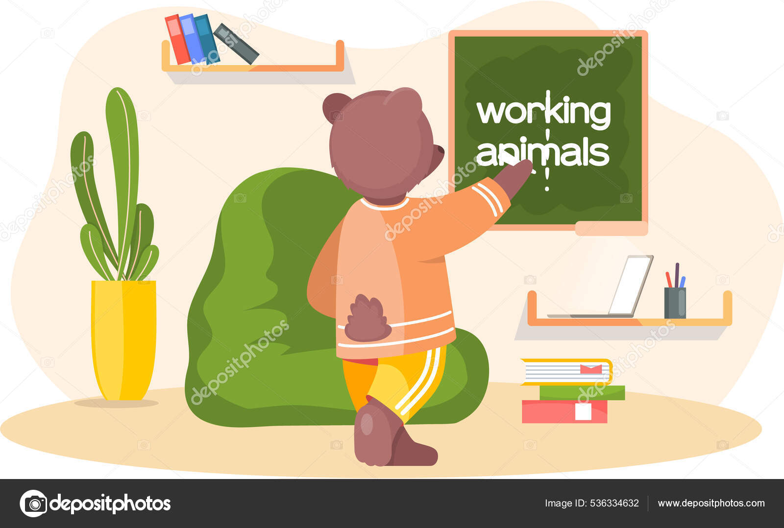 Working animals cute cartoon character works at home with laptop ...