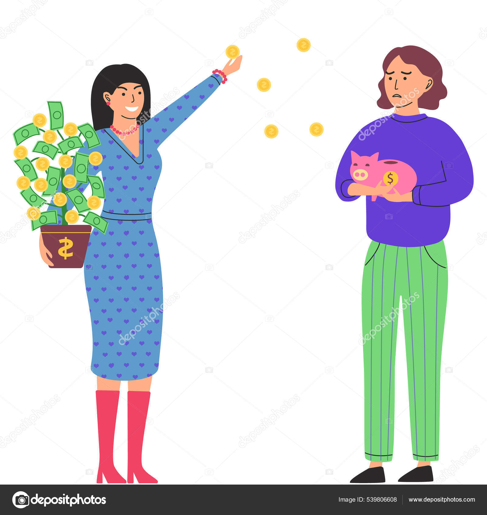 Kluft zwischen Arm und Reich. Reiche glückliche Frau streut Geld, armes ...