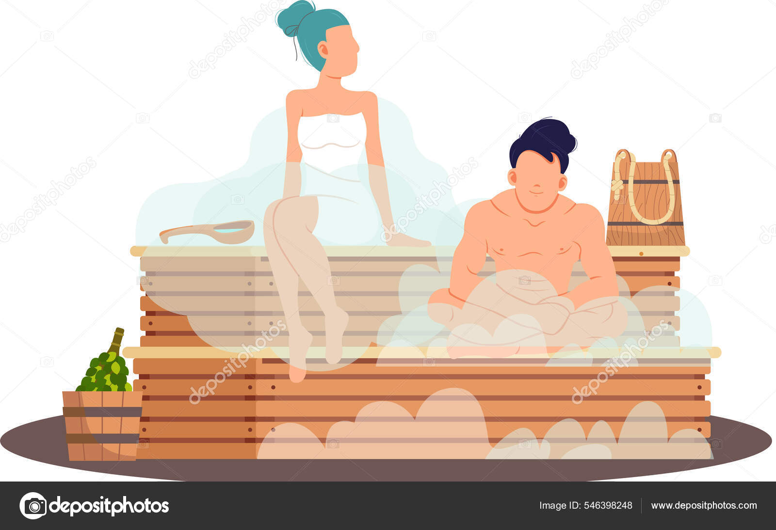 Zeichentrickfiguren, die gemeinsam Dampfbad nehmen. Entspannung ...