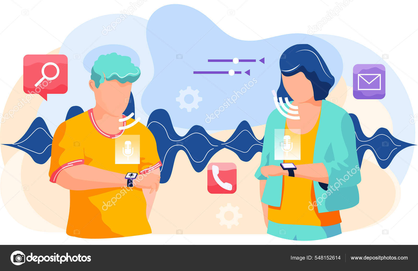 Voice assistant. Smart speaker virtual assistant, sound robot, people ...