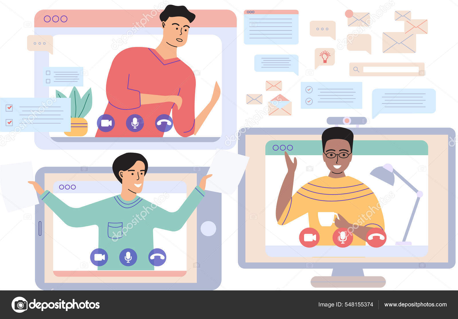 Virtual meeting, online teamwork. Computer with group of colleagues ...