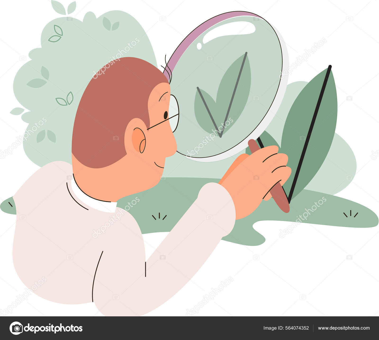 Male scientist, botanist studies and analyzes plant examining leaf ...