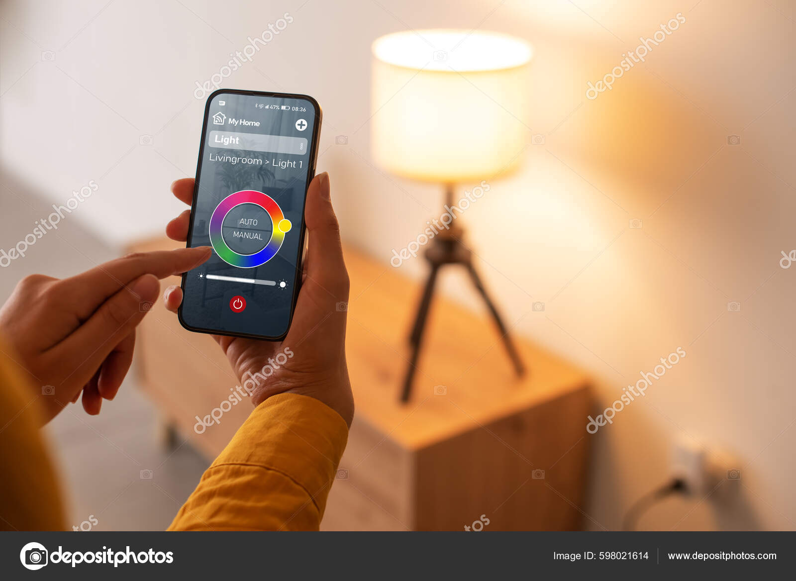 Woman Controlling Smart Lighting Home She Setting Light Color Using ...