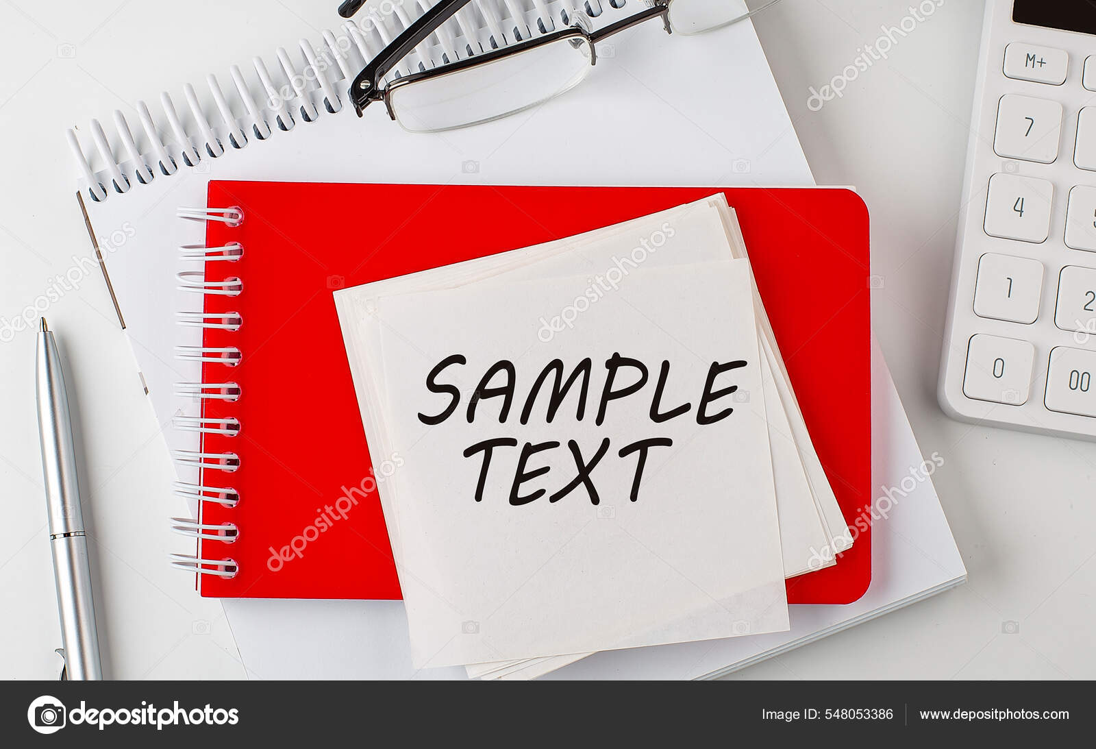 Sample Text Word Sticker Notepad Pen Calculator — Stock Photo © Irina ...