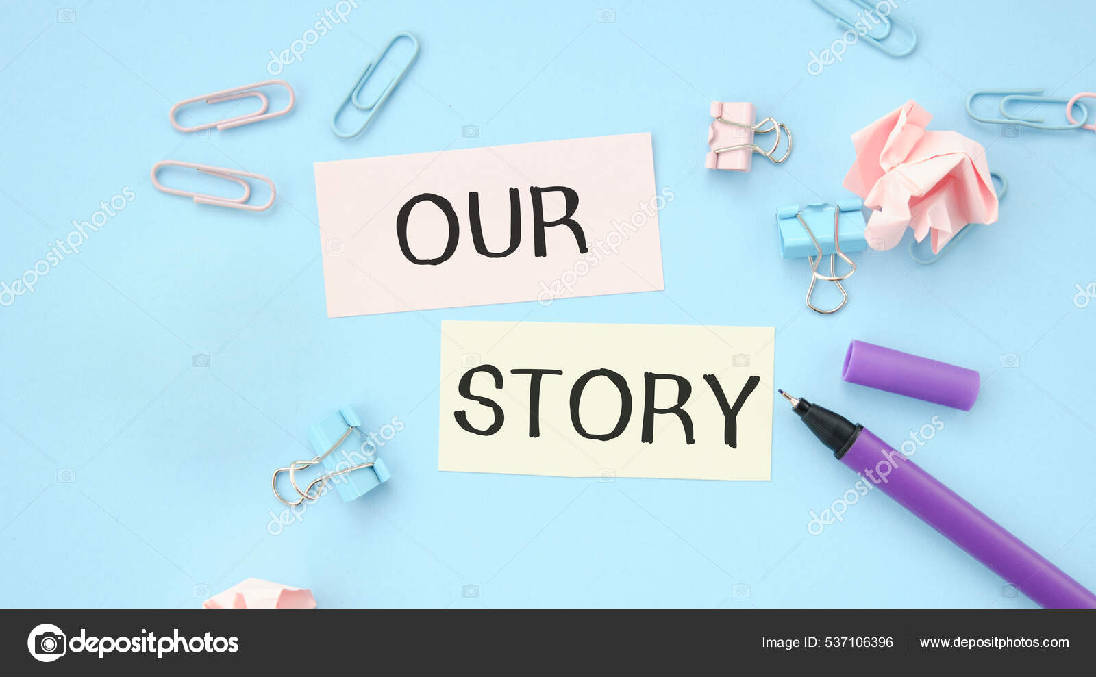 Text Our Story White Sticker Office Stationery Background Flat Lay ...