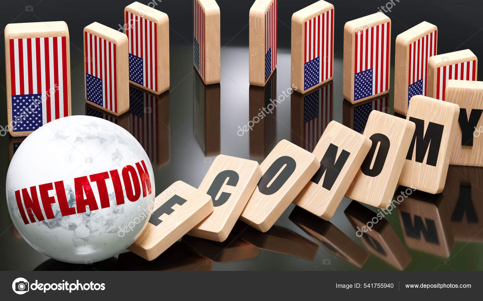 Usa Inflation Economy Domino Effect Chain Reaction Usa Economy Set