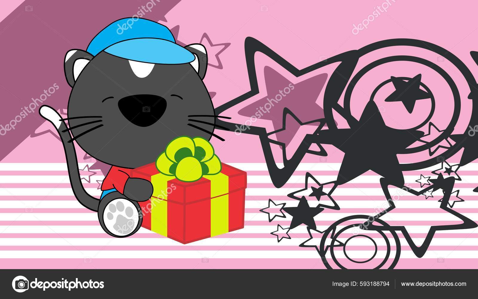 Baby Cat Chibi Cartoon Background Holding Gift Box Vector Format Stock ...