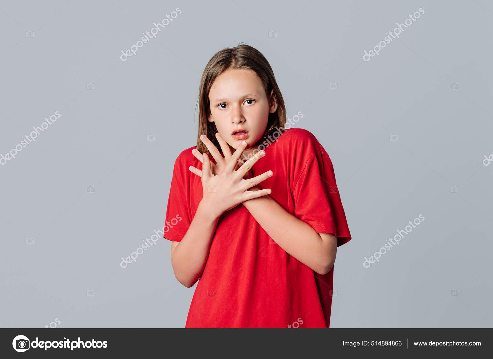 Shocked Worried Brunette Teen Girl Gasp Looking Startled Camera Witness ...