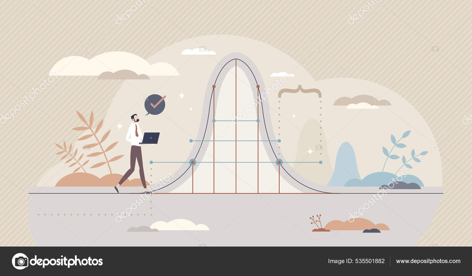 Statistics data measurement with results curved line tiny person ...