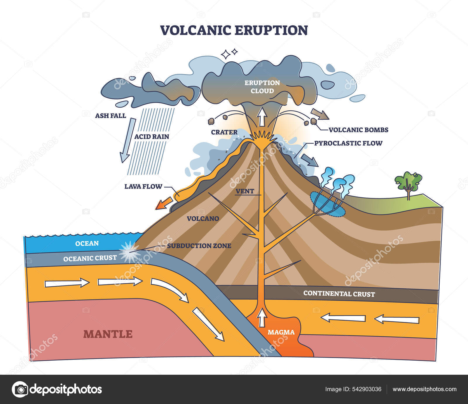 Volcanic eruption process structure with geological side view outline ...