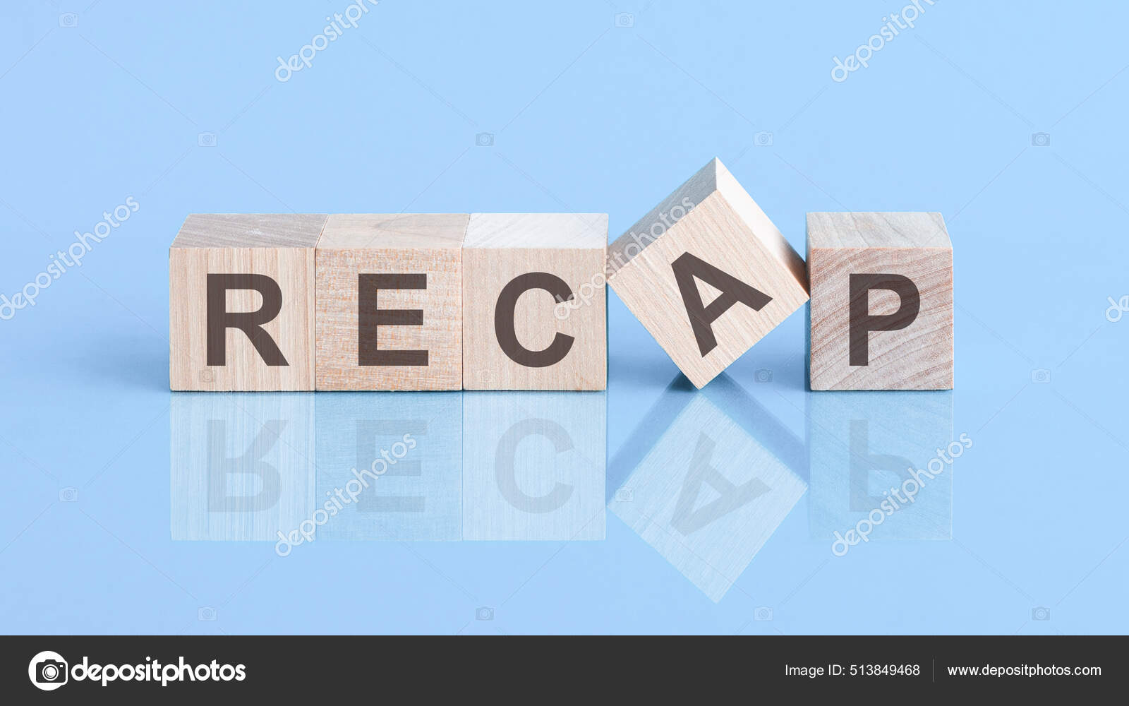 Recap Sign Made Blocks Table Reflective Surface Blue Background Dice ...