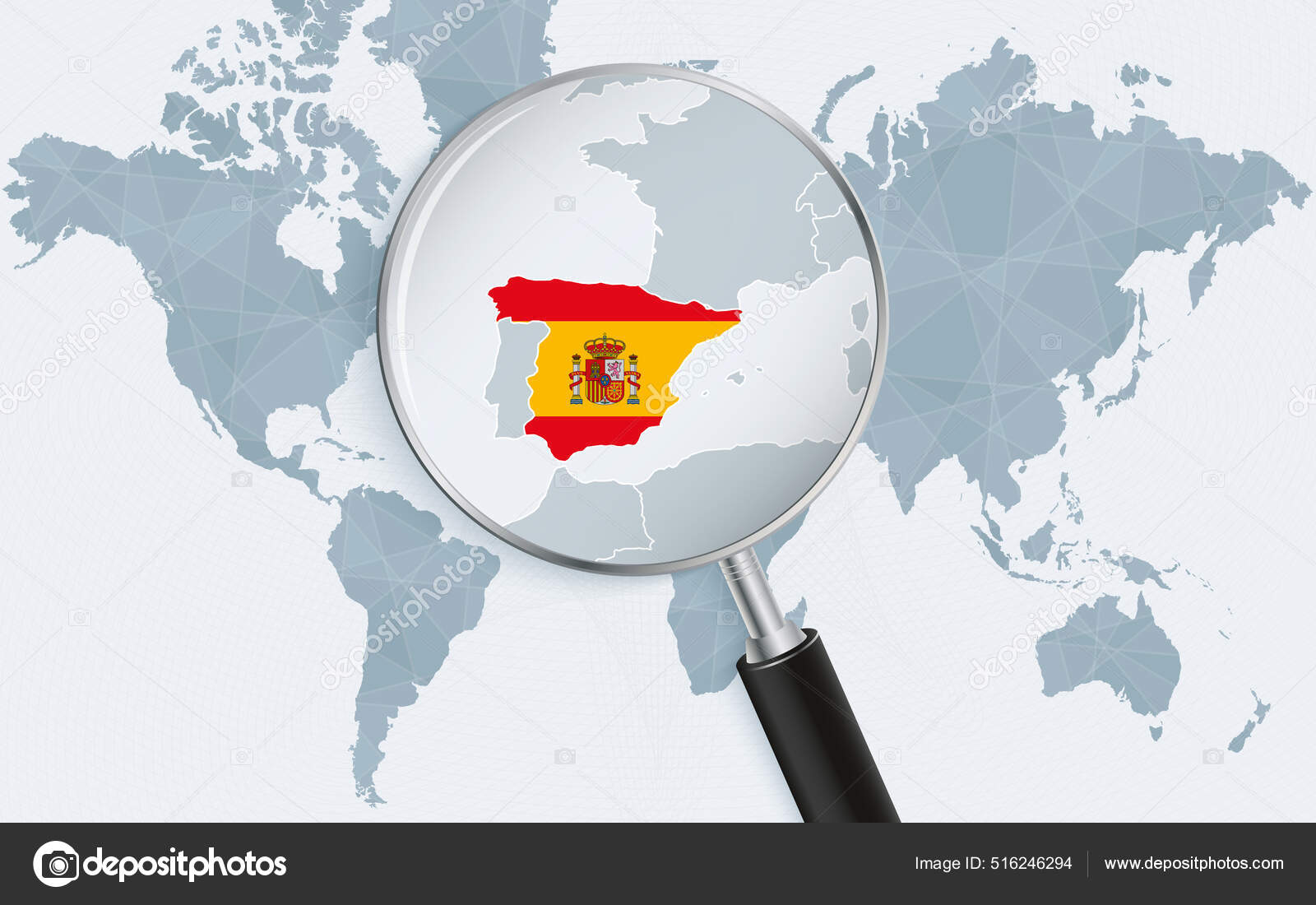 World Map Magnifying Glass Pointing Spain Map Spain Flag Loop Stock ...
