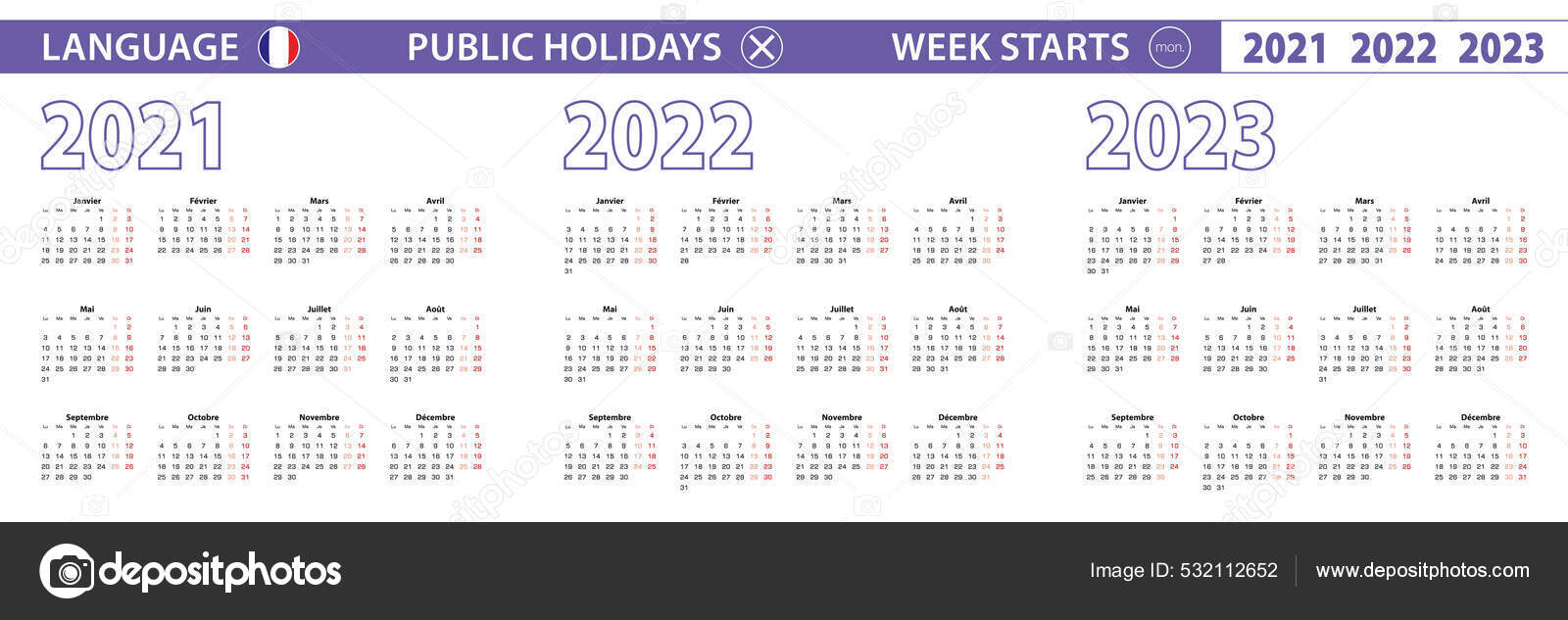 Simple Calendar Template French 2021 2022 2023 Years Week Starts Stock ...