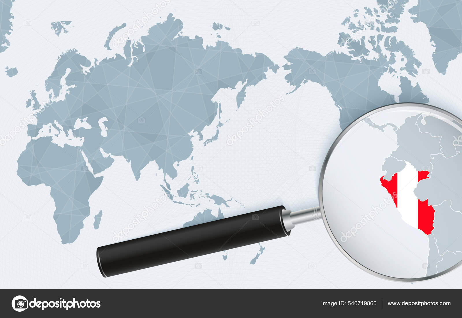 Mapa Mundial Centrado Asia Con Lupa Perú Enfoque Mapa Perú Vector de ...