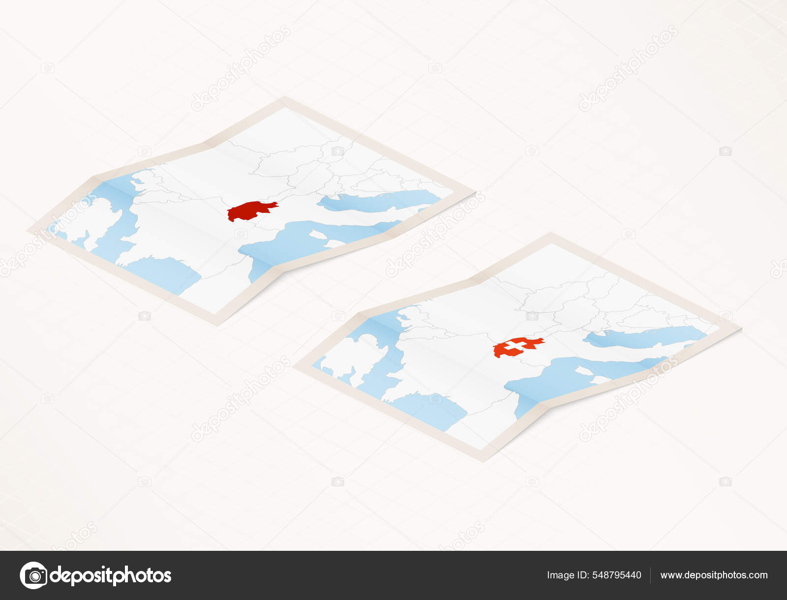 Two Versions Folded Map Switzerland Flag Country Switzerland Red Color ...
