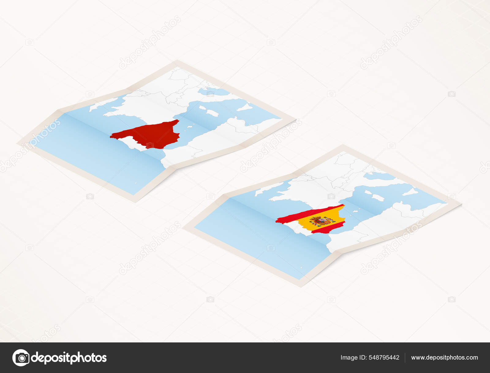 Two Versions Folded Map Spain Flag Country Spain Red Color Stock Vector ...