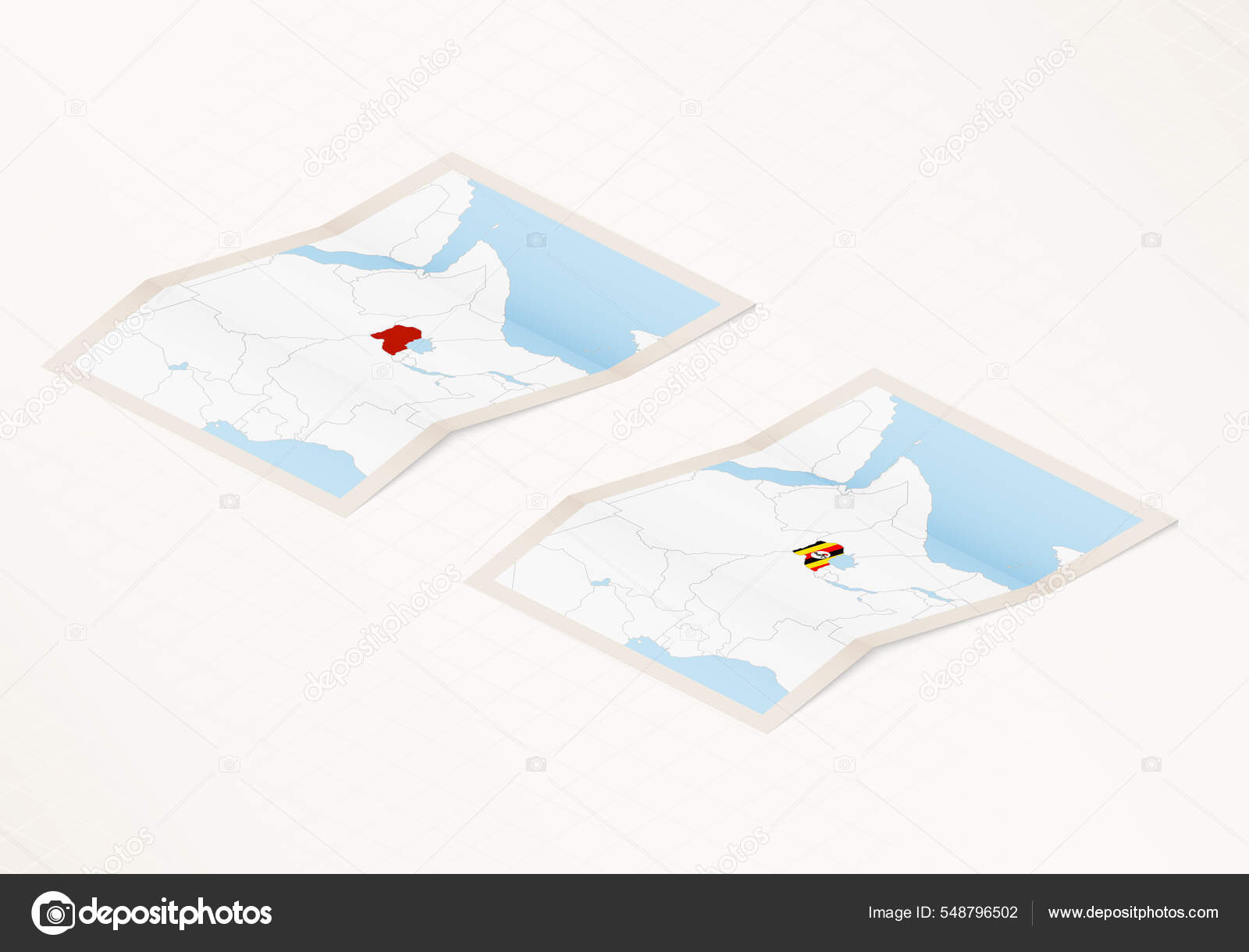 Two Versions Folded Map Uganda Flag Country Uganda Red Color Stock ...