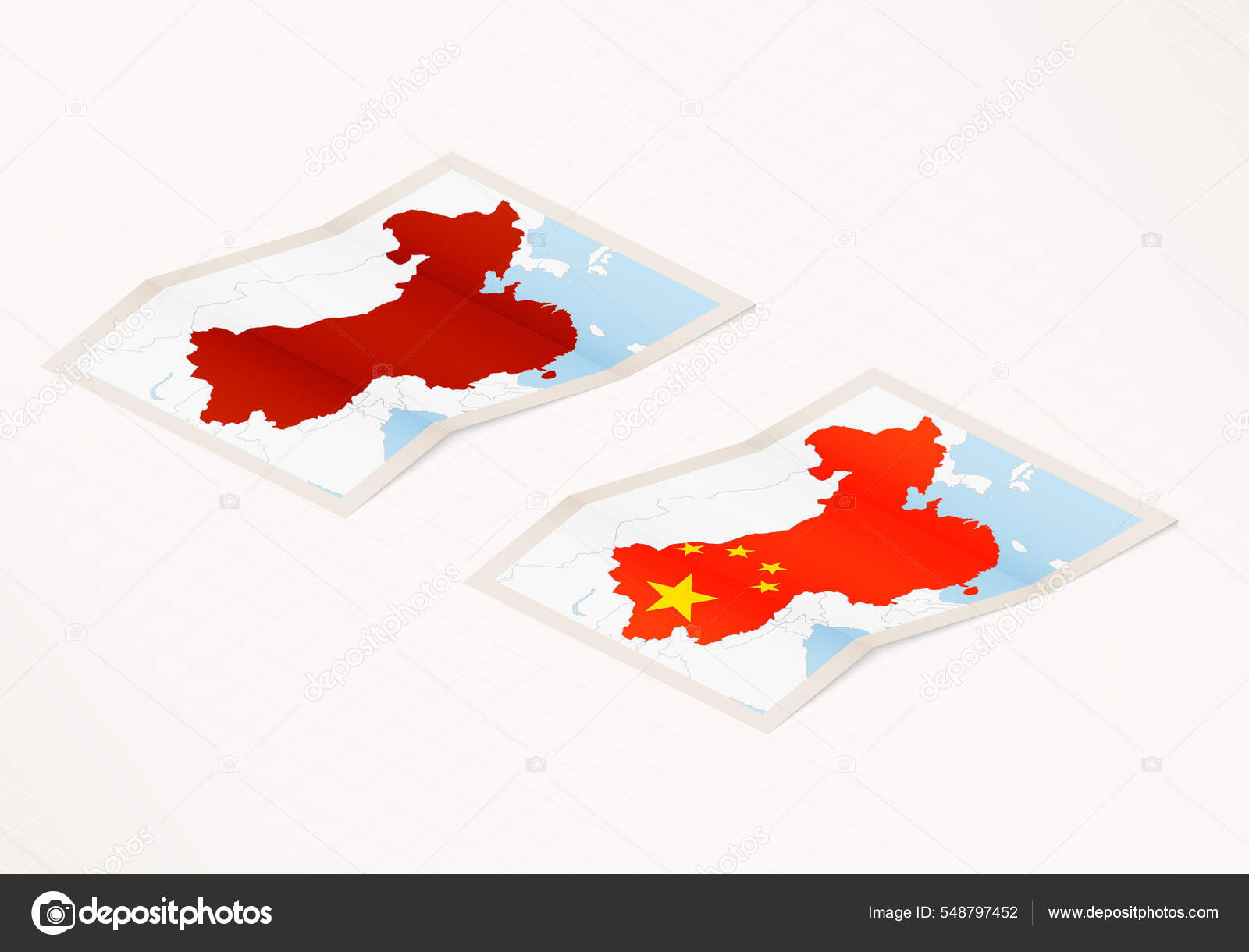 Two Versions Folded Map China Flag Country China Red Color Stock ...