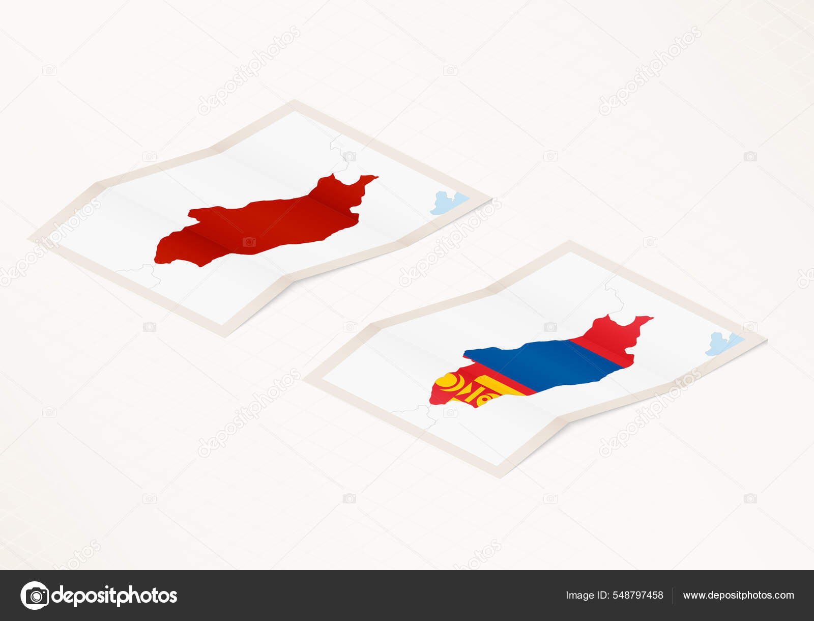 Two Versions Folded Map Mongolia Flag Country Mongolia Red Color Stock ...