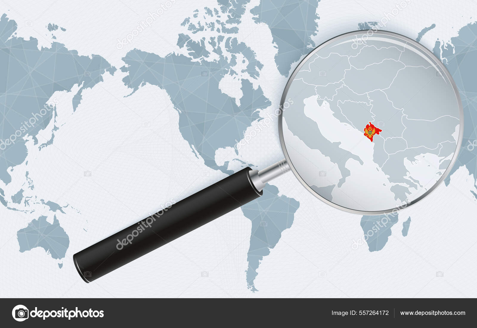 Vergrößerte Karte Von Montenegro Auf Amerika Zentrierter Weltkarte Vergrößerte Karte Stock ...