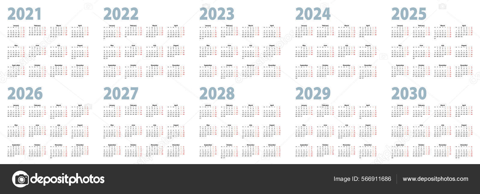 Calendar Set Basic Design 2021 2022 2023 2024 2025 2026 Stock Vector by ©boldg 566911686