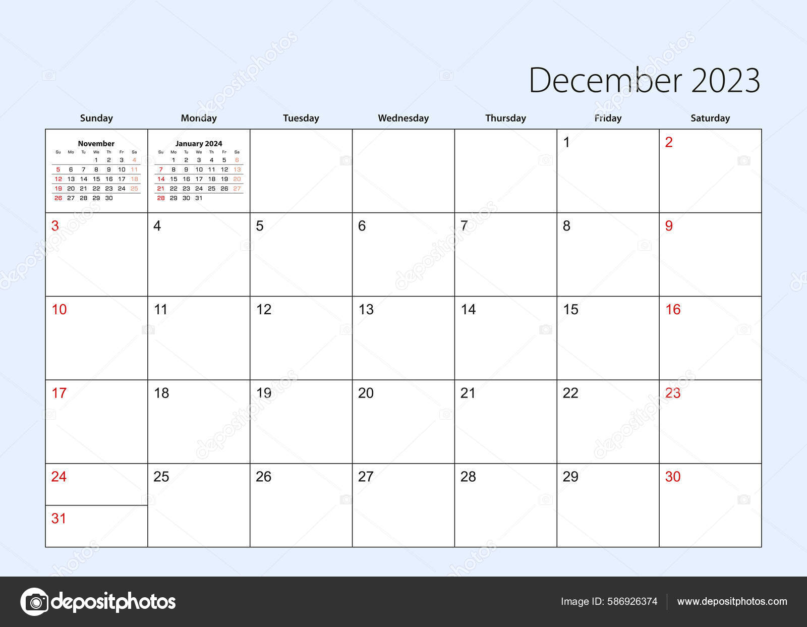 Wall Calendar Planner December 2023 English Language Week Starts Sunday ...
