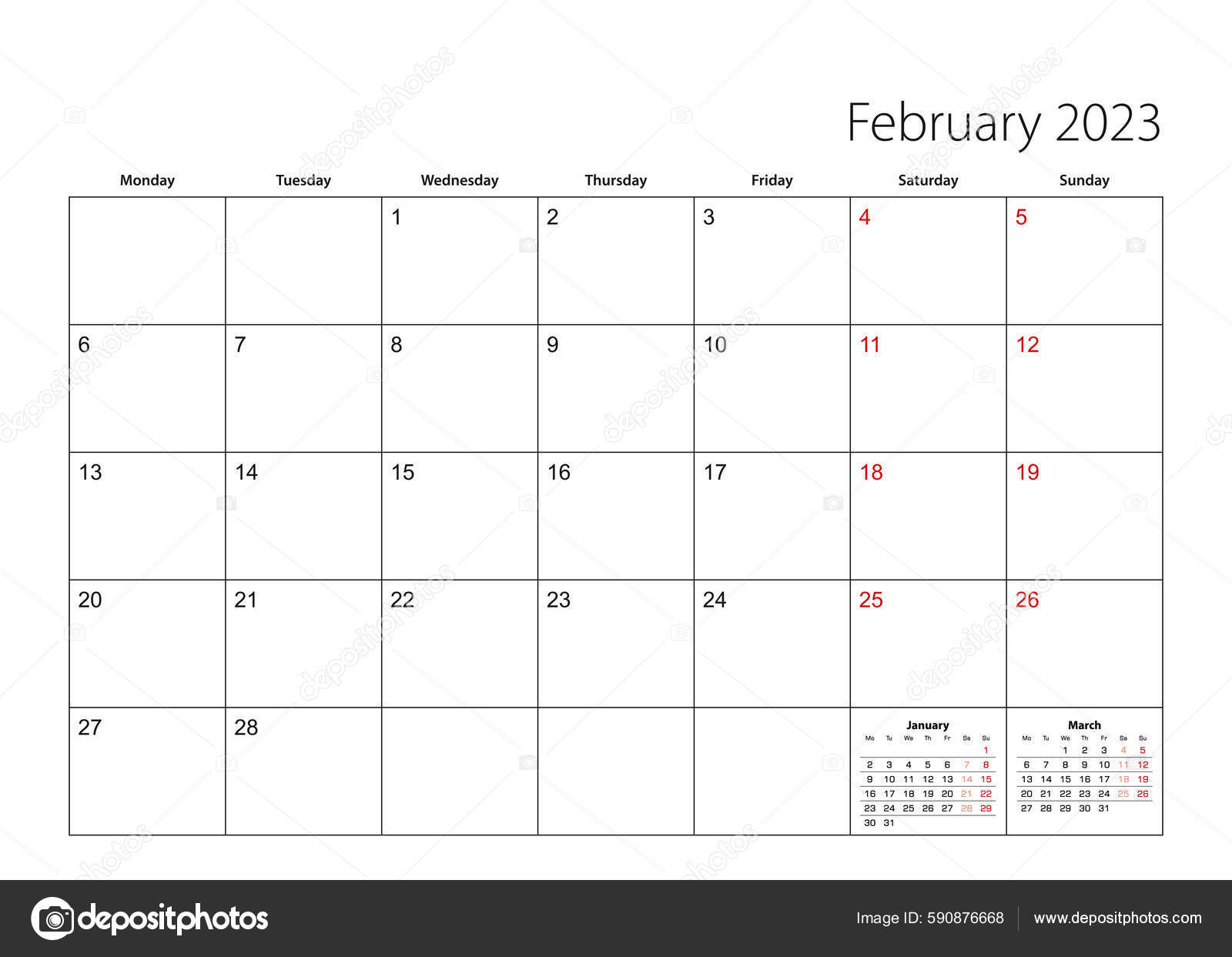 February 2023 Simple Calendar Planner Week Starts Monday Vektor Stok ...