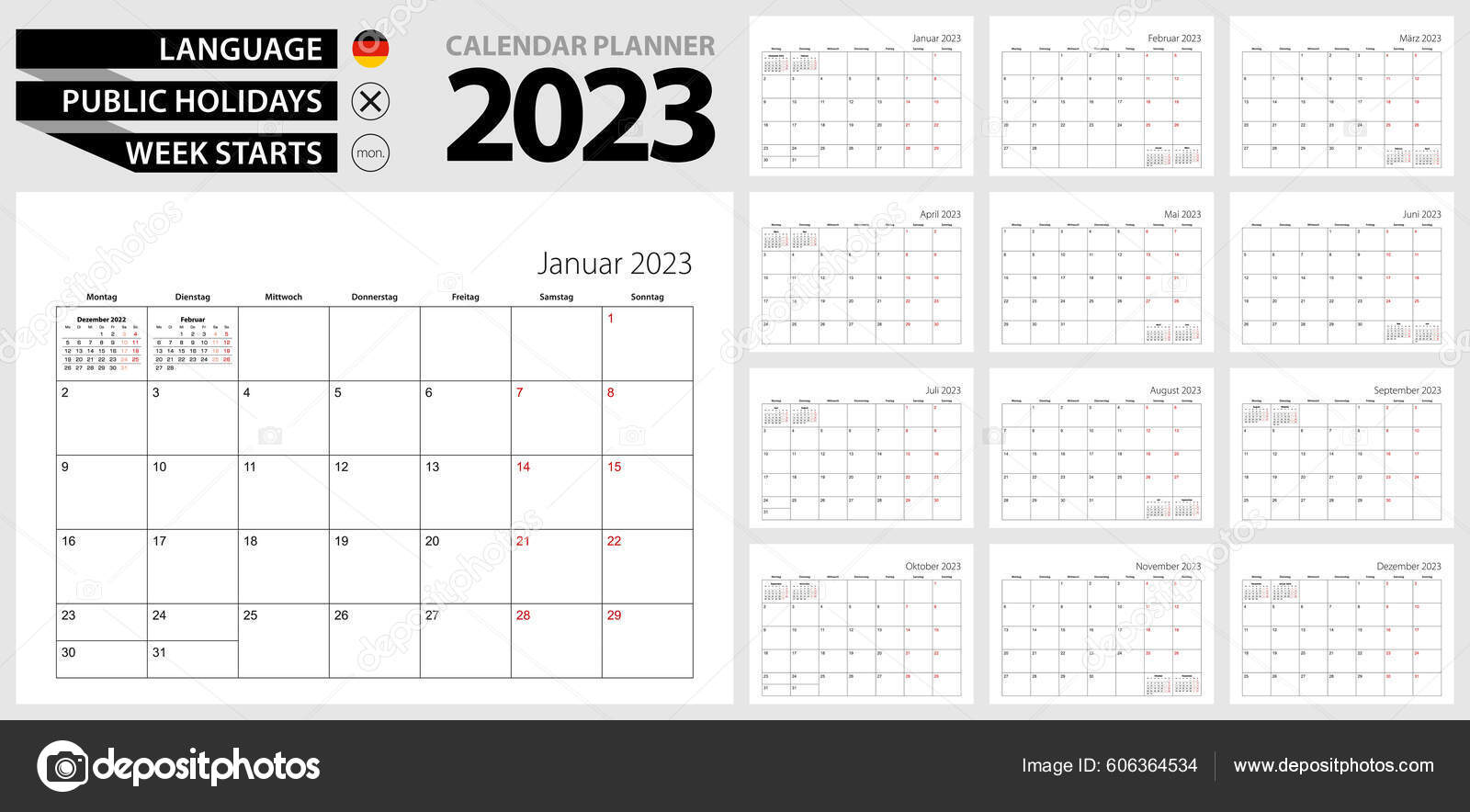 German Calendar Planner 2023 German Language Week Starts Monday Stock ...