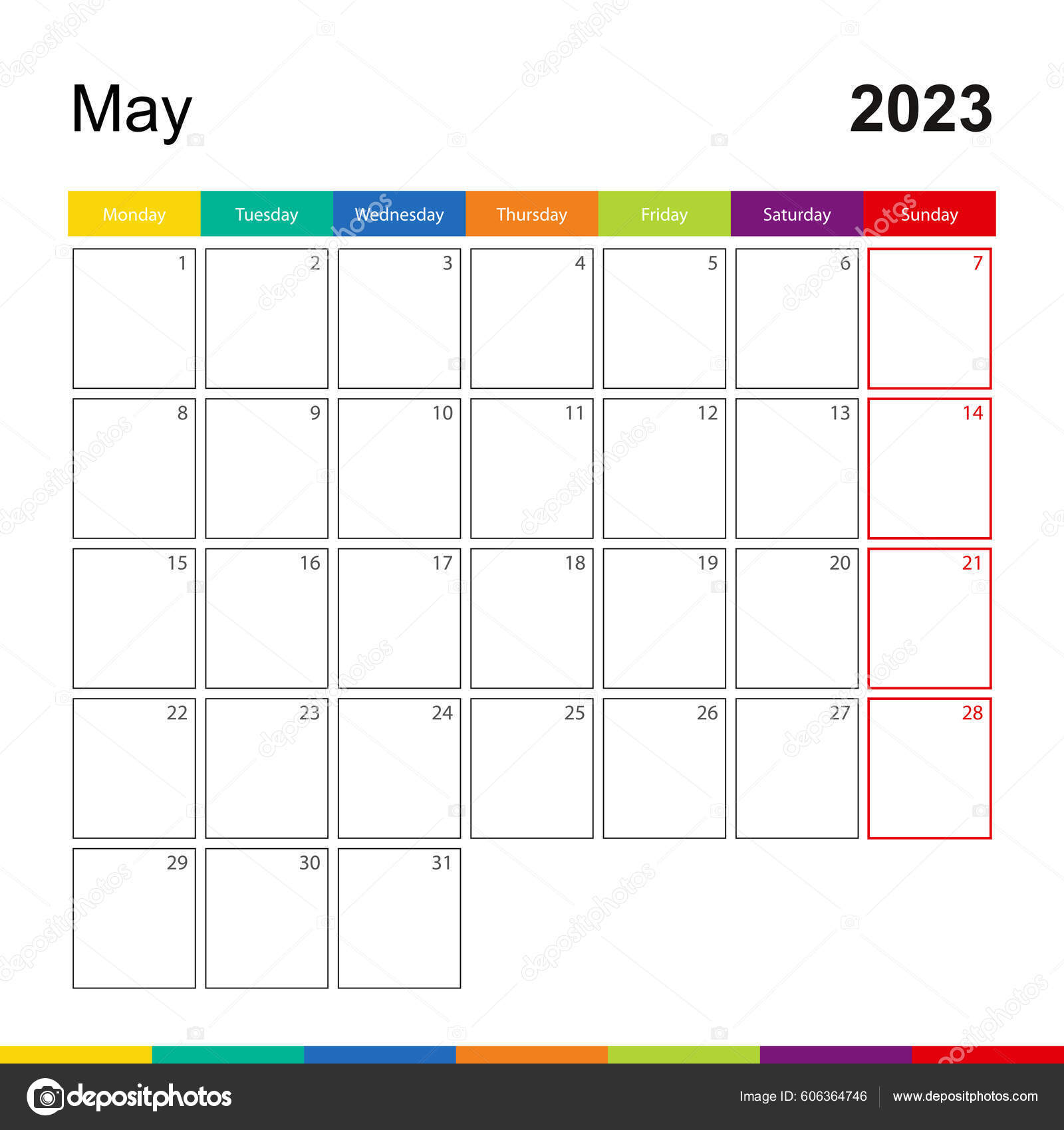 May 2023 Colorful Wall Calendar Week Starts Monday 스톡 벡터 - ©boldg 606364746