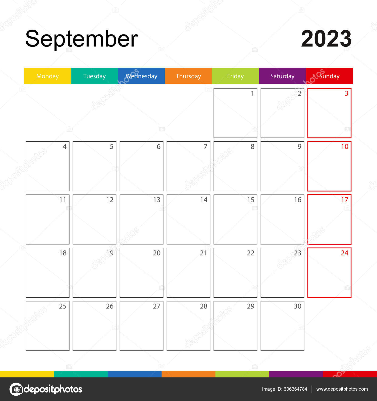 September 2023 Colorful Wall Calendar Week Starts Monday Stock Vector ...