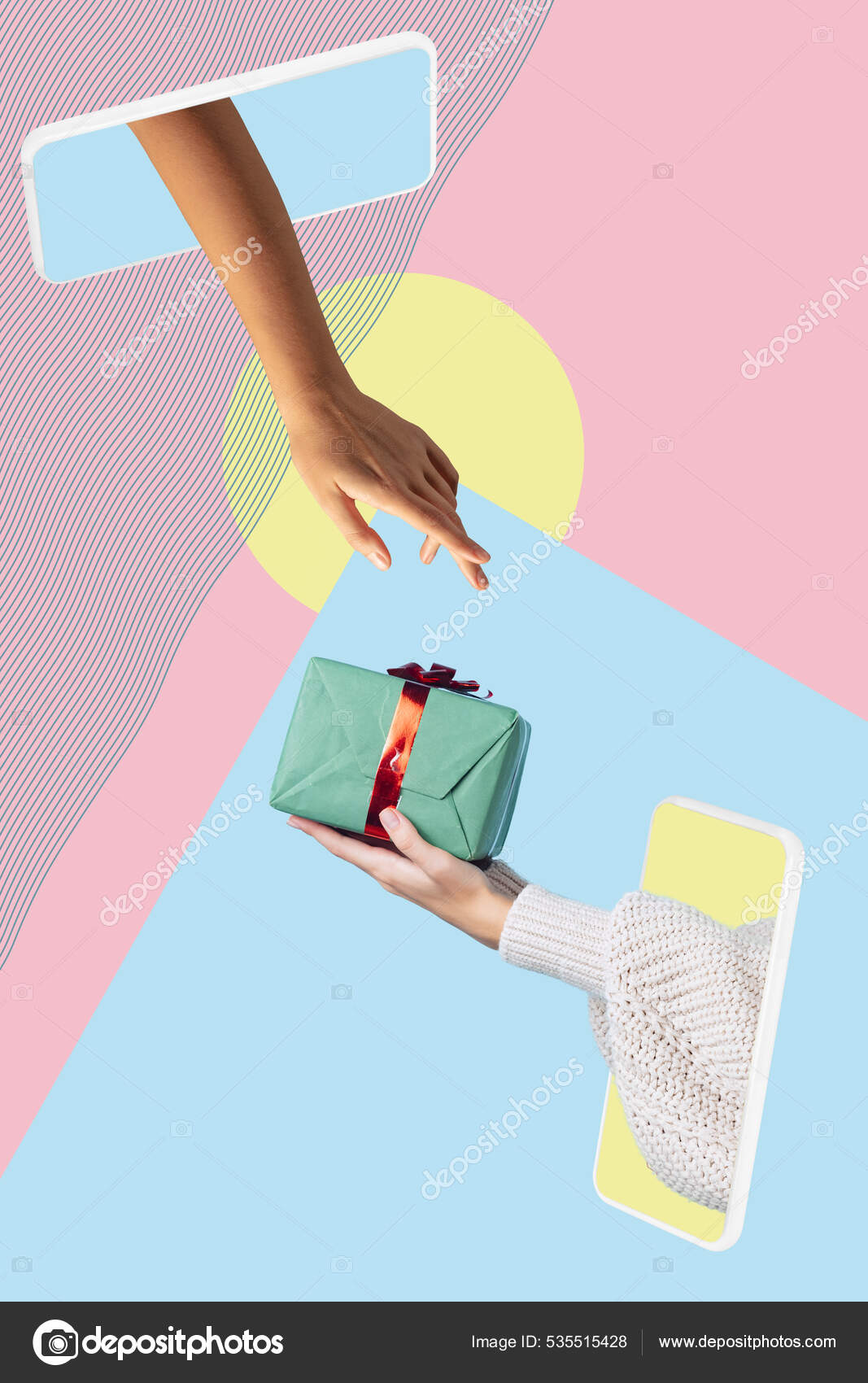 Female hands sticking out tablet screen and exchange gifts isolated ...