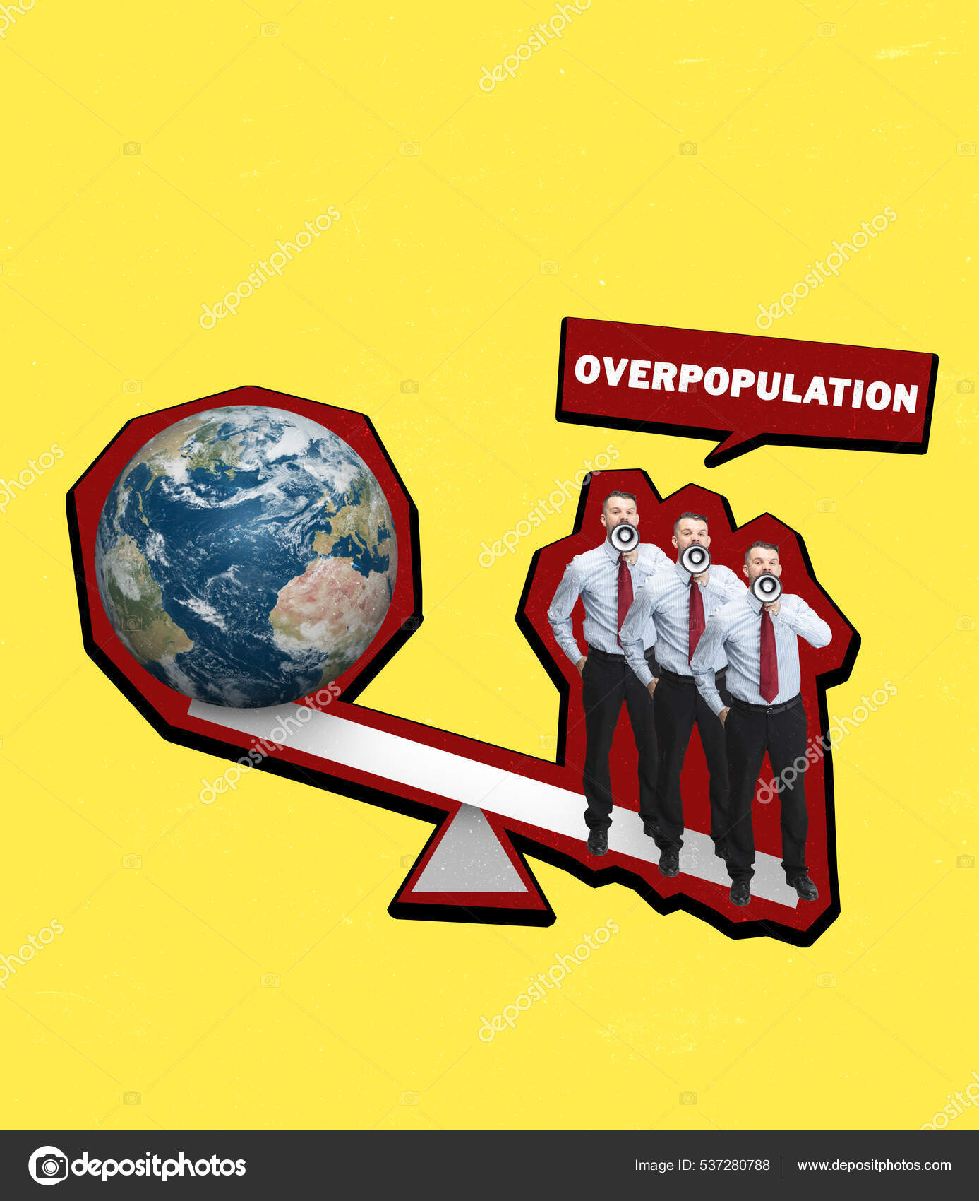 Contemporary artwork. Three men stand on same scale with planet Earth ...