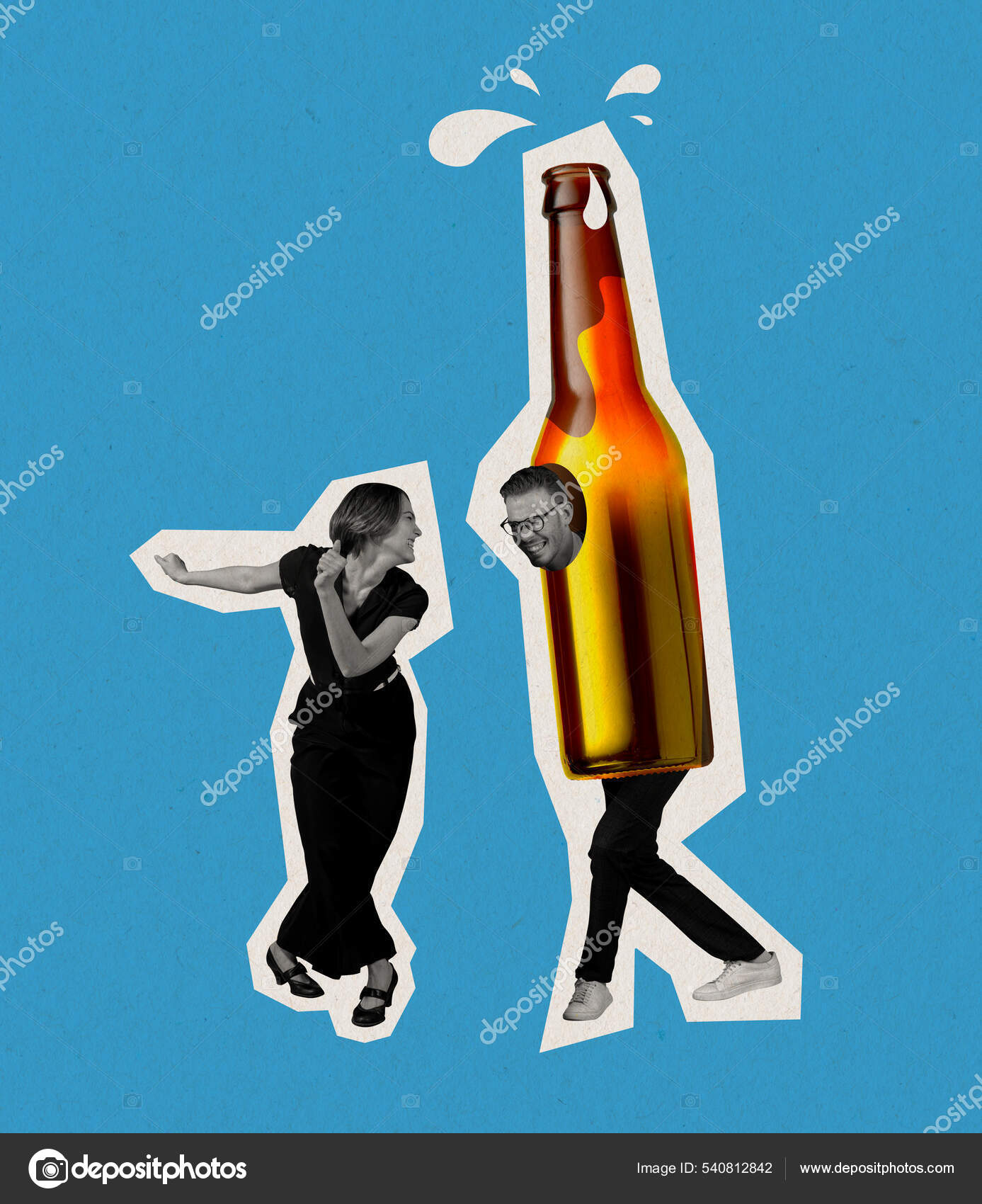 Dancing woman and man in costume of beer bottle. Contemporary art ...
