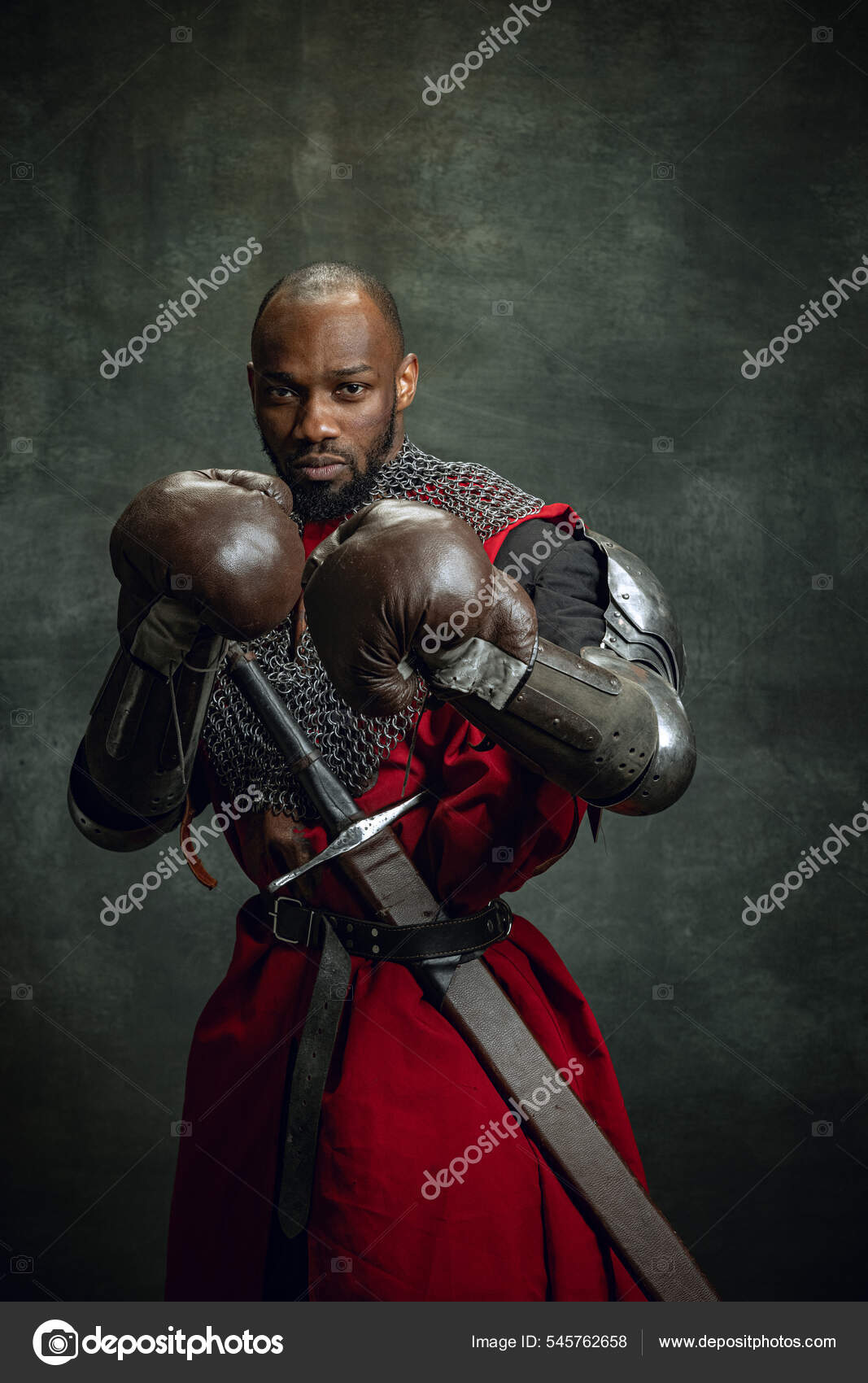 Vintage style portrait of brutal dark skinned man, medieval warrior or ...