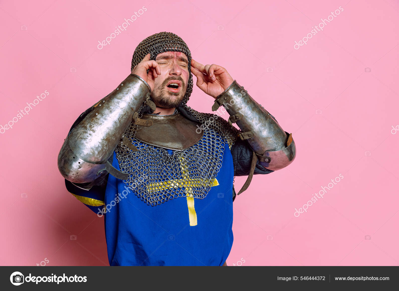 Portrait of man, medieval warrior or knight in armor suffering from ...
