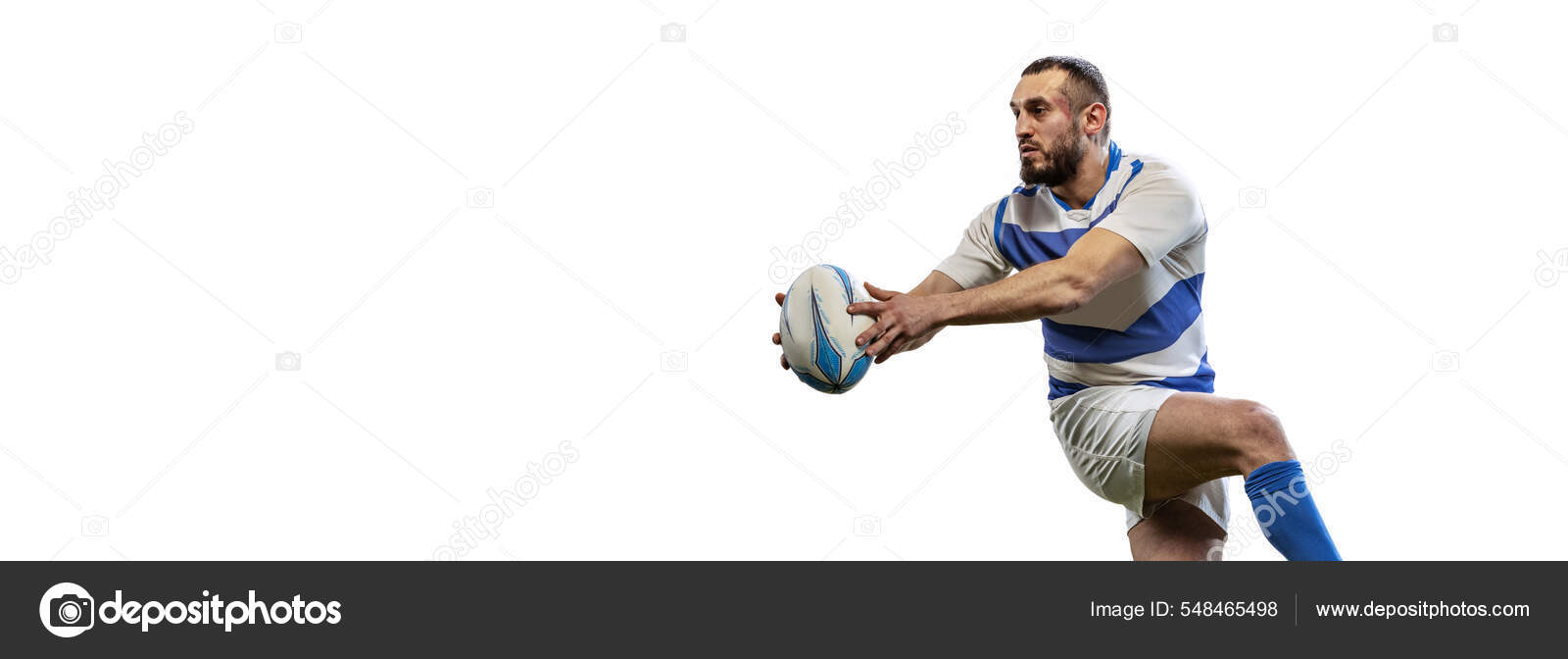 Fast forward. Male rugby player catching ball in jump isolated on white ...