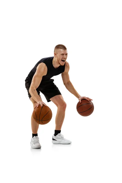 Back view. Portrait of basketball player jumping with ball isolated on ...