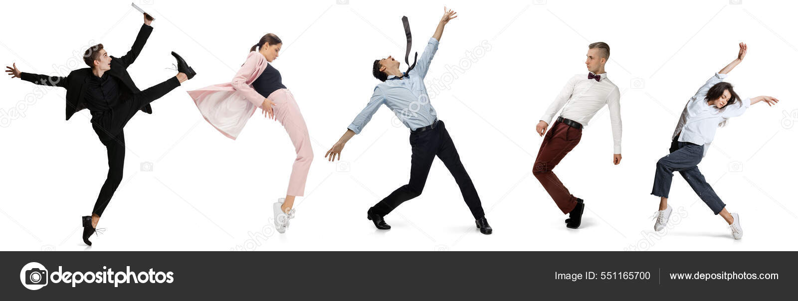 Happy office workers jumping and dancing in business style outfits ...