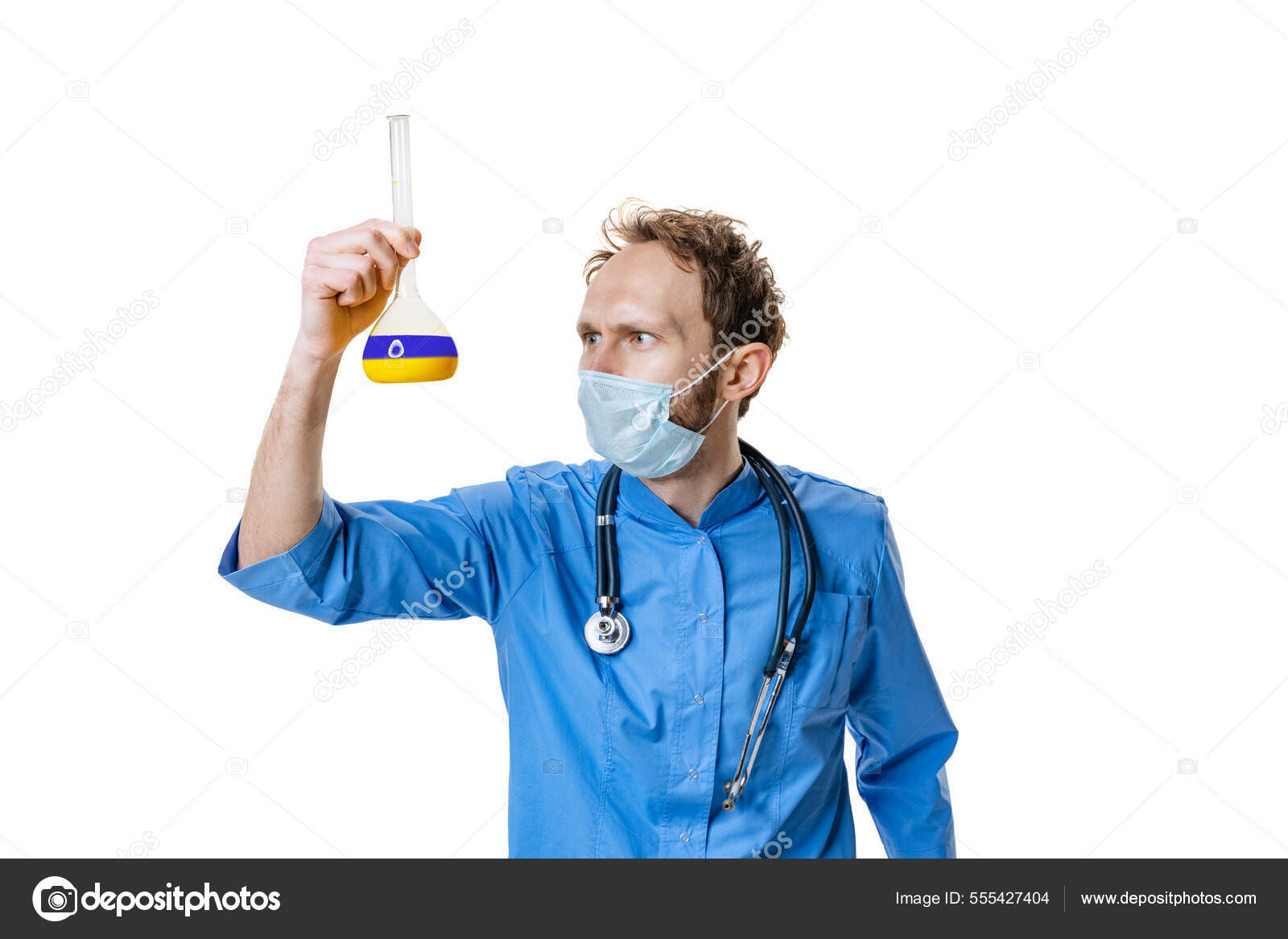 Young chemist, doctor wearing blue uniform, face mask and gloves ...