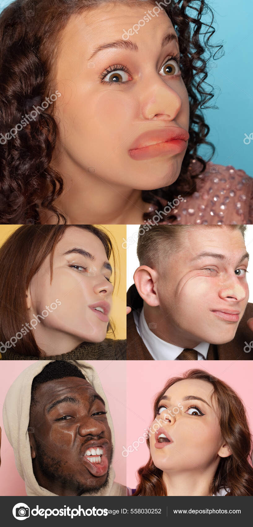 Vertical set of close-up faces of young girls and boys crushed on glass ...
