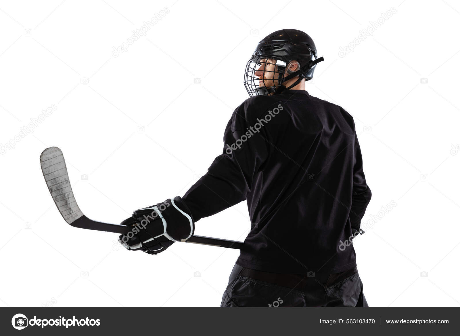 Back view portrait of professional hockey player posing isolated over ...