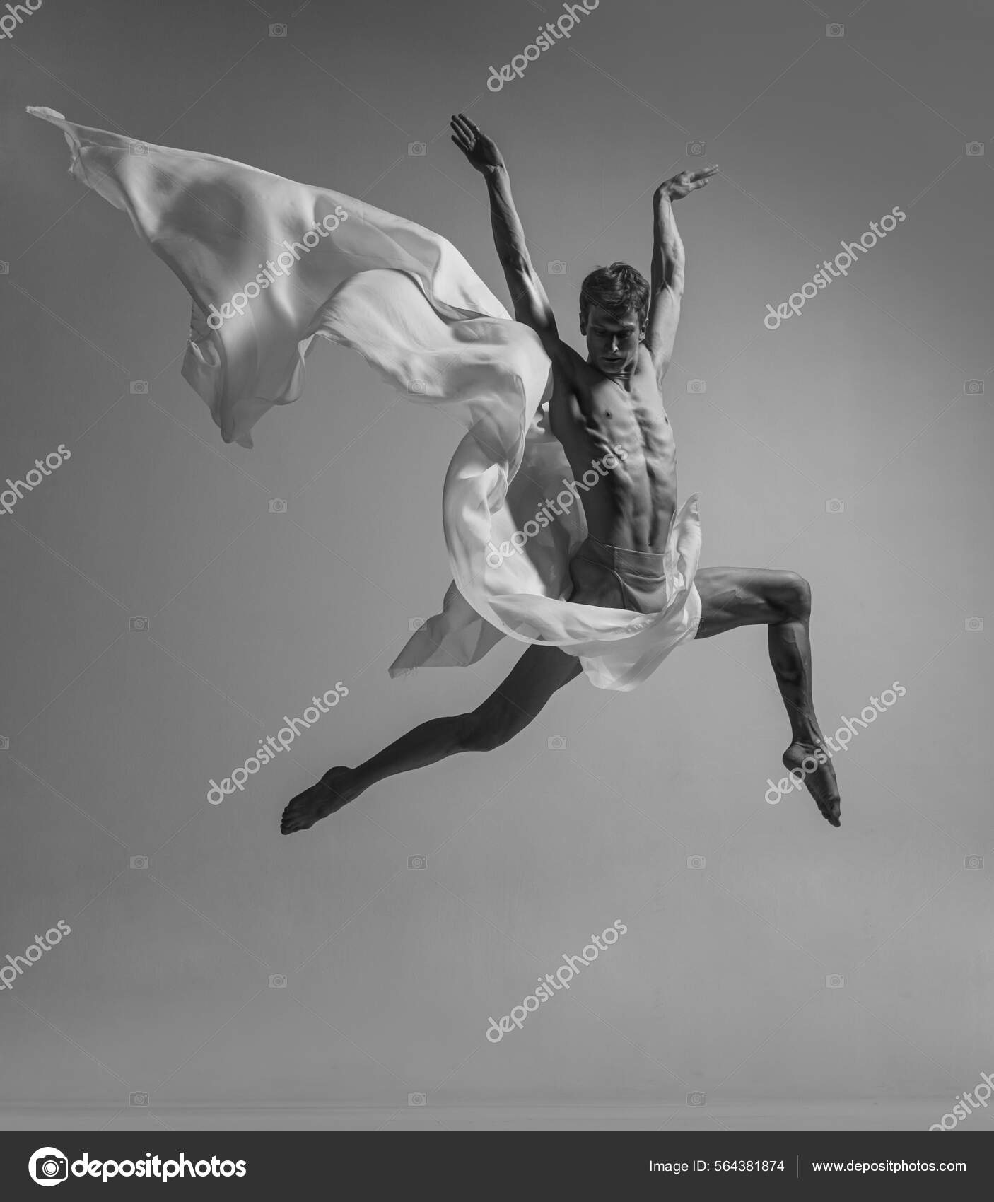 Desire. Black and white portrait of graceful muscled male ballet dancer ...