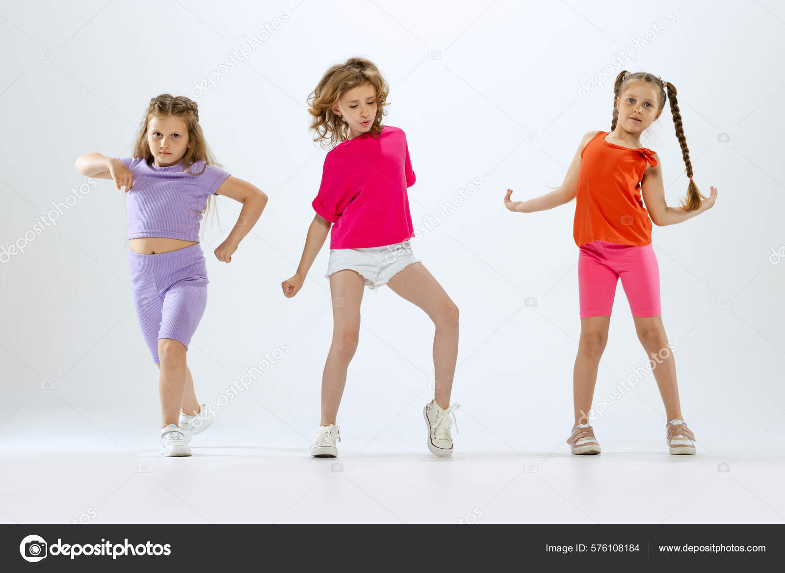 Dance Group Three Little Girls Kids Bright Colorful Clothes Dancing ...