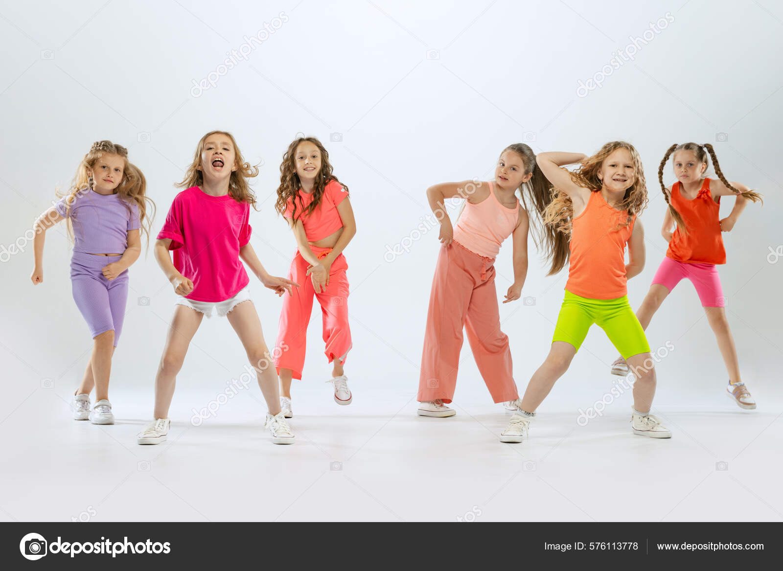 Modern Choreography Lesson Dance Group Happy Active Little Girls Bright ...
