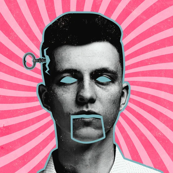 Brain wash. Young man in image of zombie with little drawn key in his ...