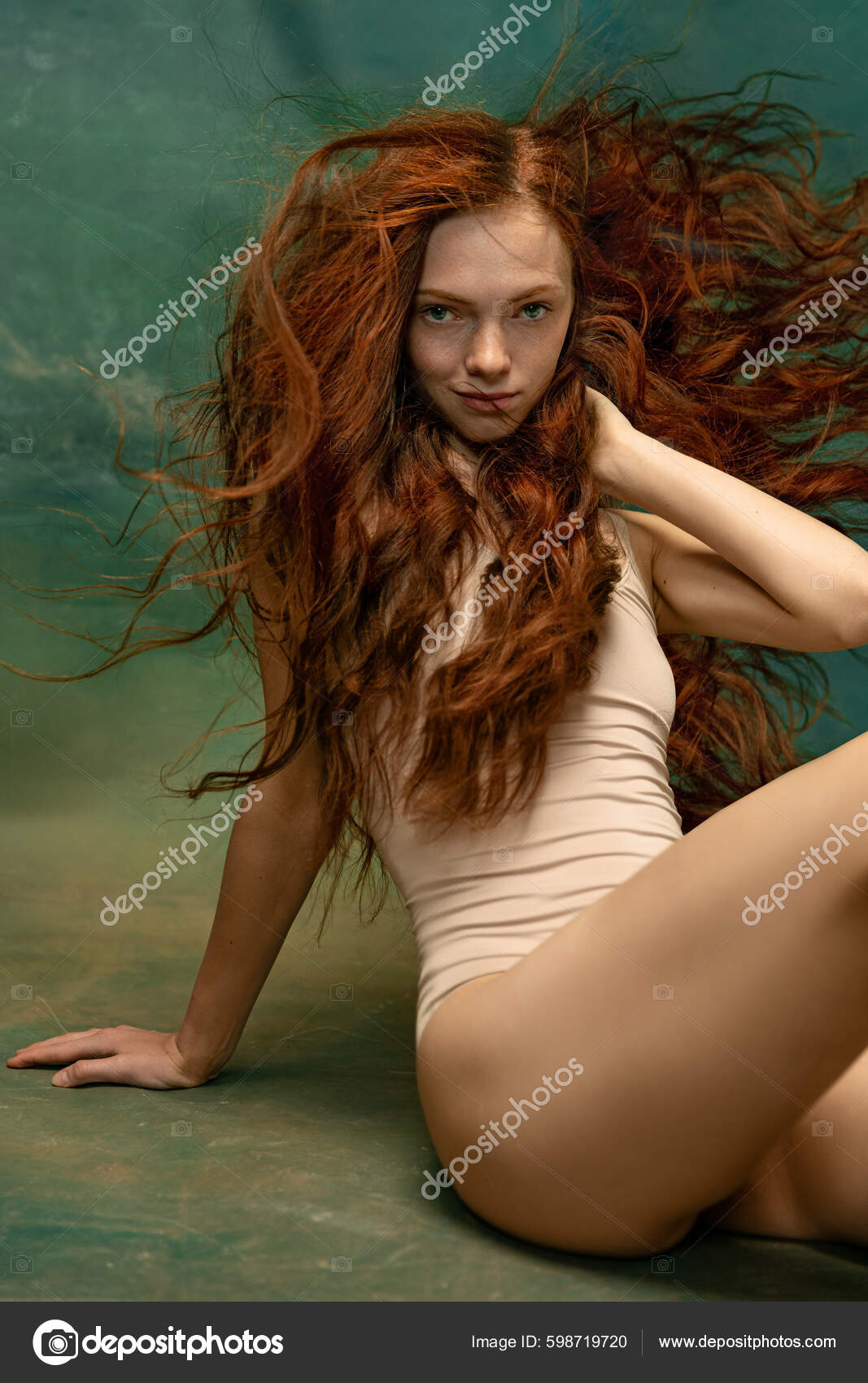 Portrait Sensual Beautiful Redhead Girl Long Curly Hair Posing Isolated