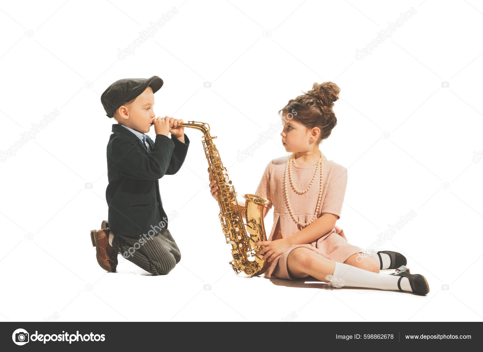 Music Cute Happy Kids Playing Saxophone Isolated White Studio ...