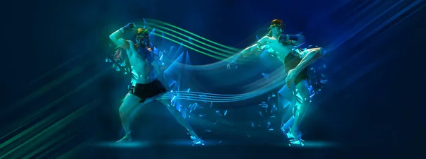 Sport collage with professional MMA fighter in action, motion isolated ...