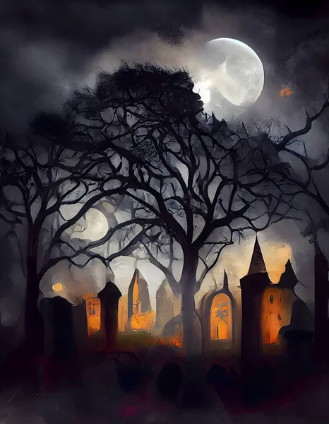 A spooky macabre halloween digital painting, greeting card with a ...