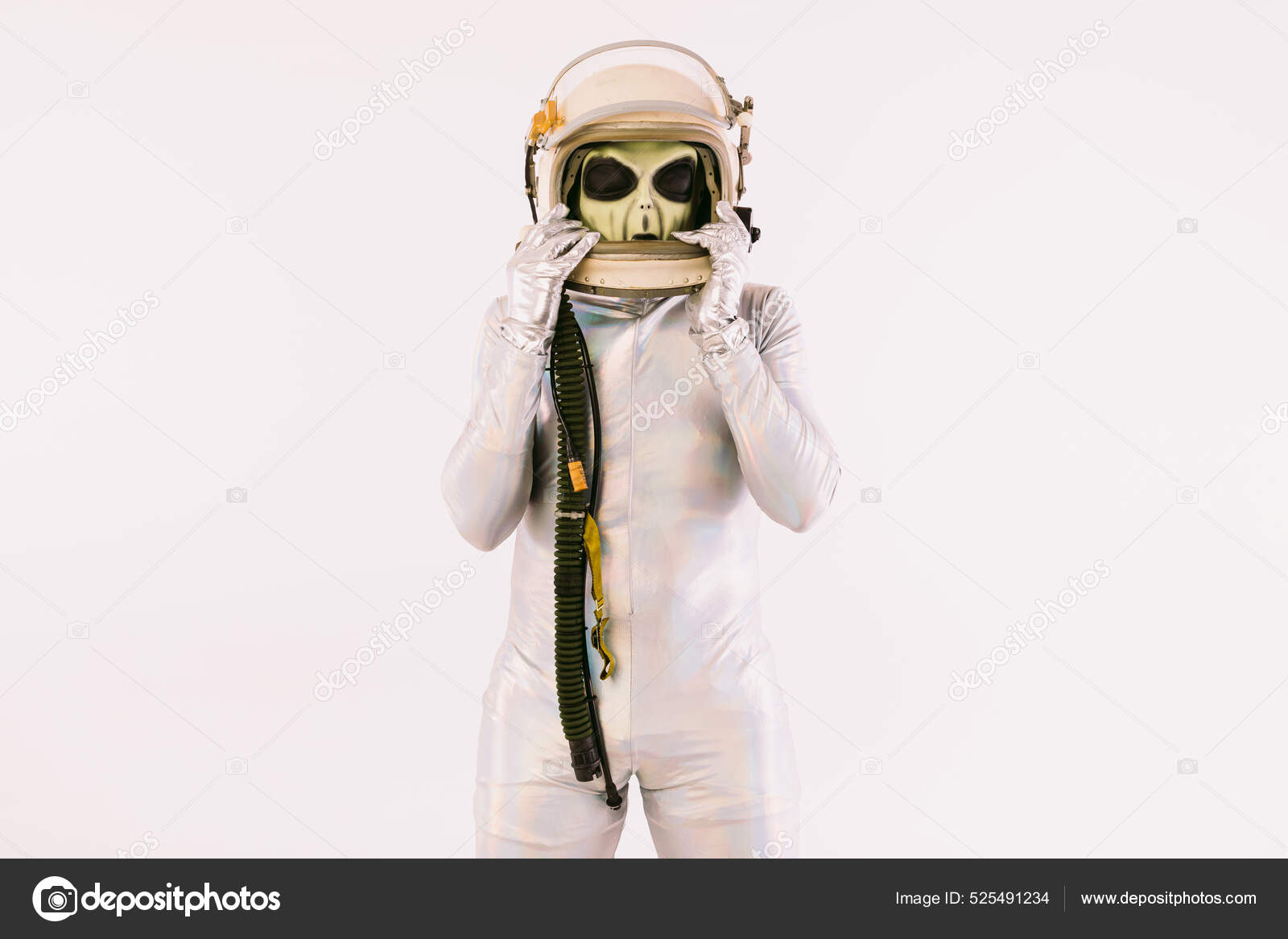 Person Dressed Silver Suit Green Alien Mask Wearing Cosmonaut Helmet ...